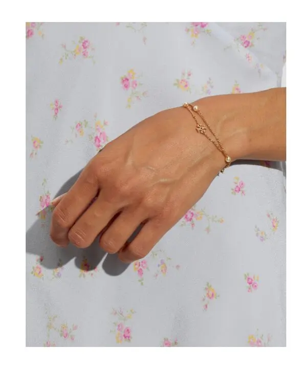 Tory Burch Double Chain Charm Bracelet With Pearl And Logo Motif