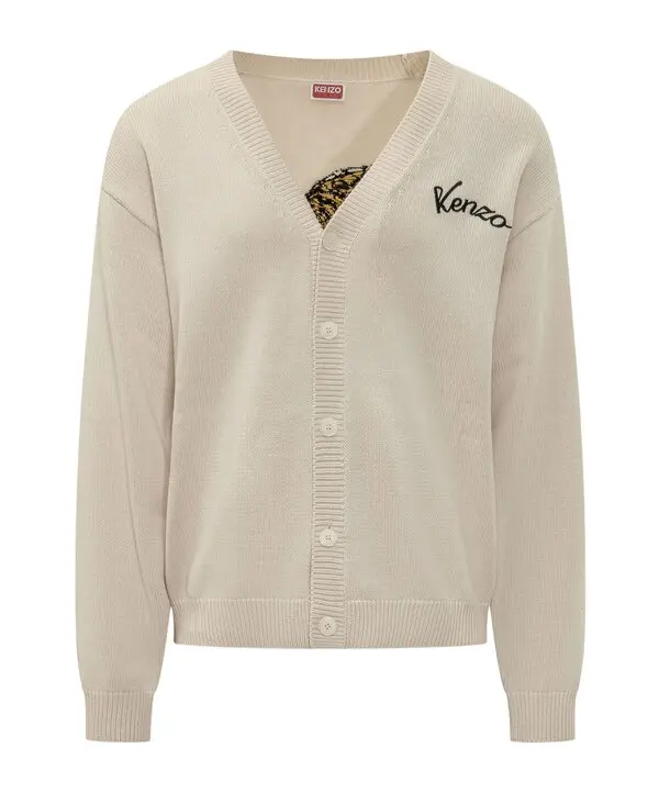 Kenzo V-neck Long-sleeved Knit Top With Tiger Motif - Nude