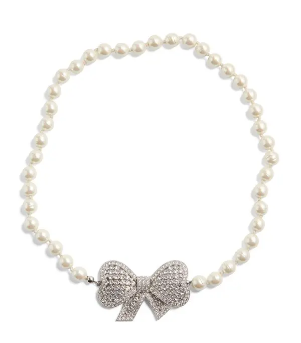 Valentino Garavani Faux Pearl And Crystal Bow Necklace - Ivory