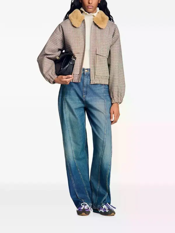 Sandro Checked Pattern Faux Fur Collar Bomber Jacket