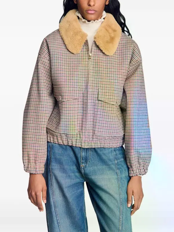 Sandro Checked Pattern Faux Fur Collar Bomber Jacket