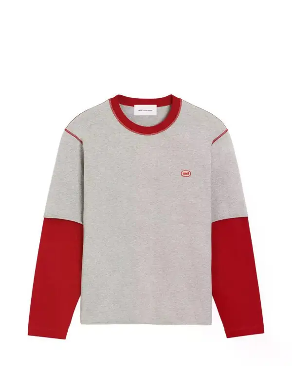 AMI Paris Double-sleeves Cotton T-shirt With Patch - Grey