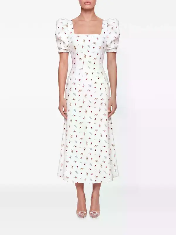 POST MERIDIEM Floral-print Puff-sleeve Midi Dress - White