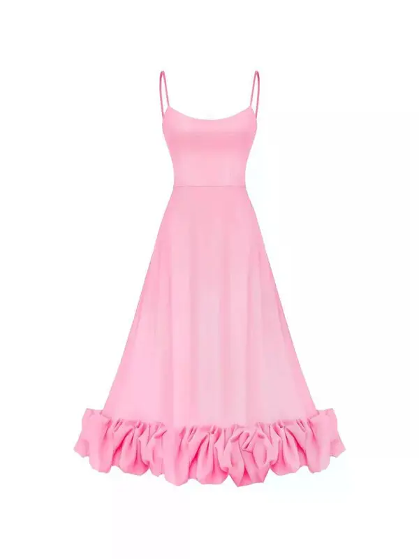 POST MERIDIEM Scoop Neck Spaghetti Strap Flounce Hem Midi Dress - Pink