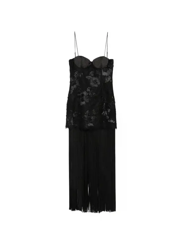 NISSA Floral-lace Midi Dress With Fringe - Black