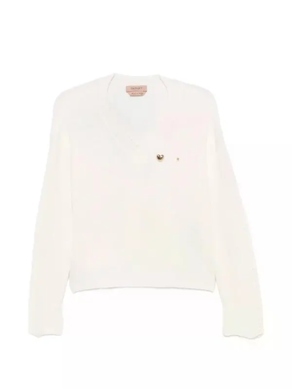 TWINSET Ribbed Knit V-neck Sweater With Heart Motif