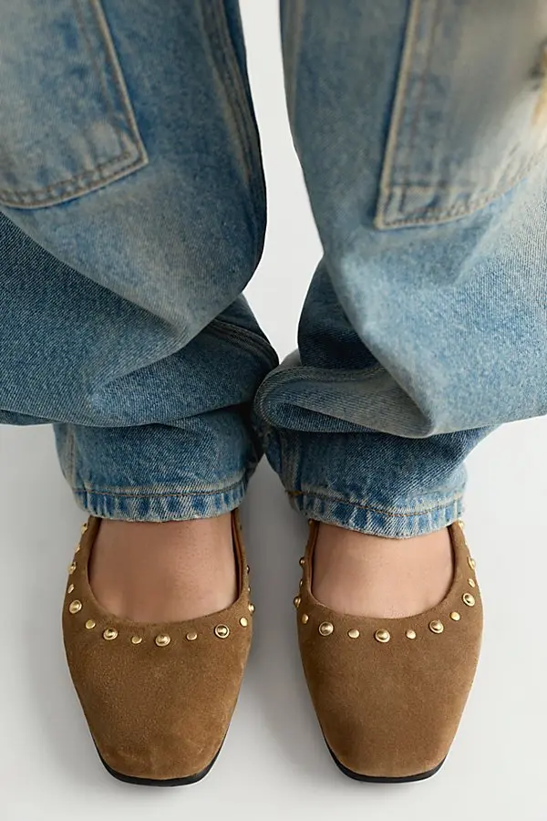 Free People Mystic Halo Mary Janes With Studded Detail - Camel Oiled Suede