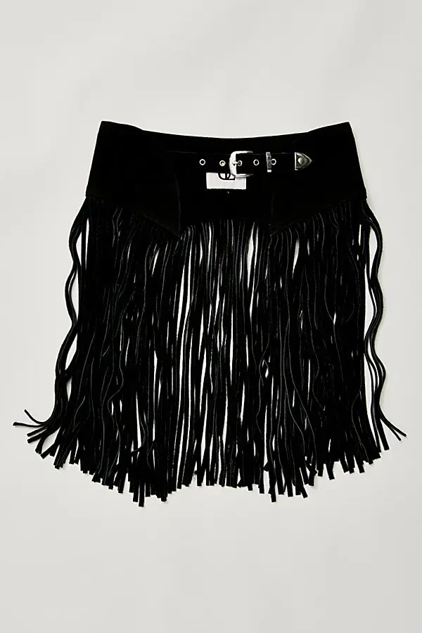 UNDERSTATED LEATHER Suede Fringe Skirt Belt With Metal Buckle