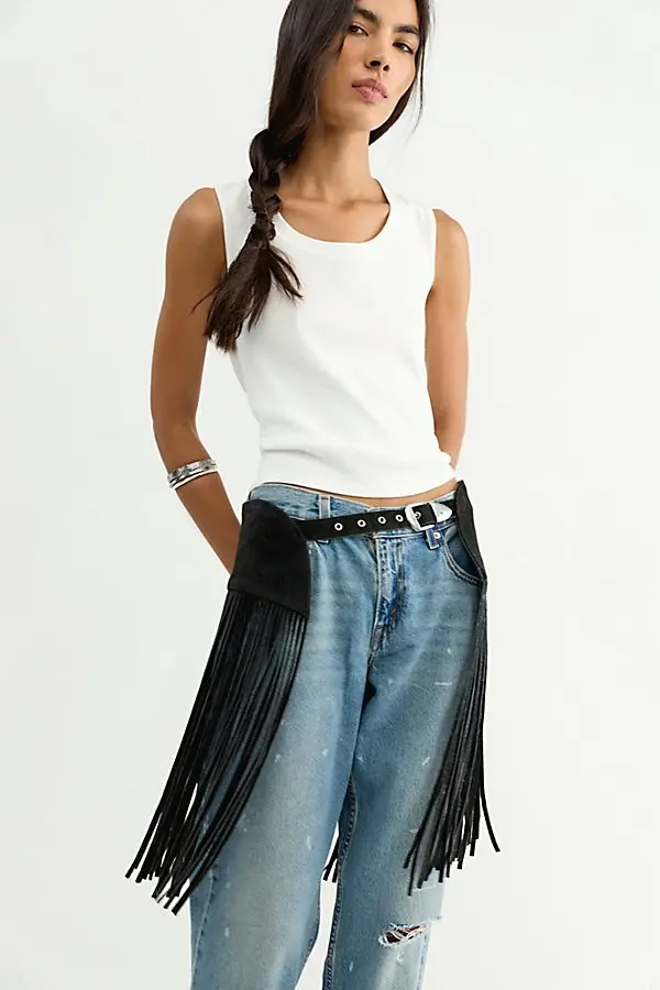 UNDERSTATED LEATHER Suede Fringe Skirt Belt With Metal Buckle - Black