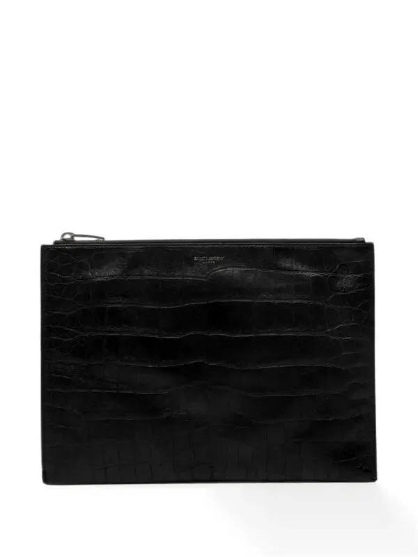 Saint Laurent Croc Embossed Leather Monogram Document Holder