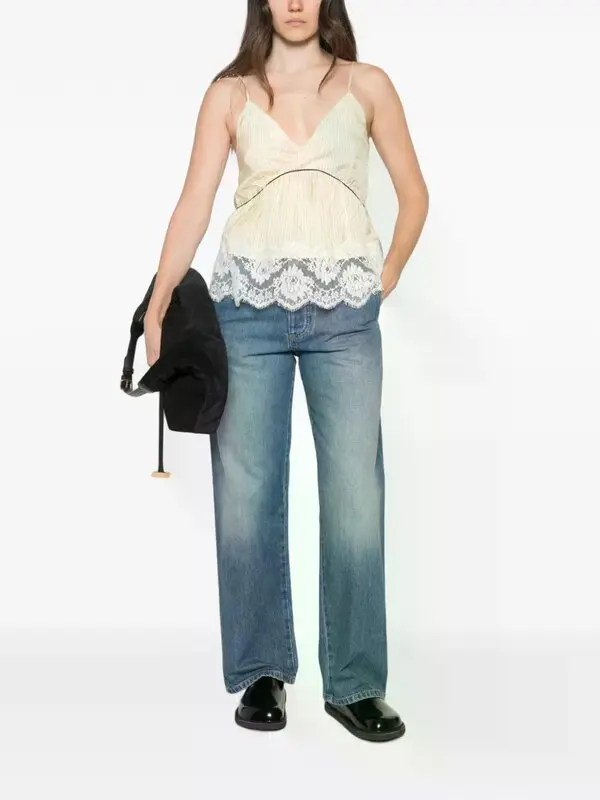 Plan C Lace-trimmed Striped V-neck Top