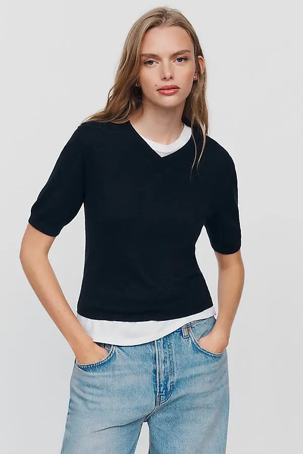 Maeve Short Sleeve Cropped Sweater - Black