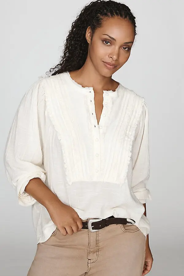 PILCRO 100% Cotton Ruffle Blouse - Ivory