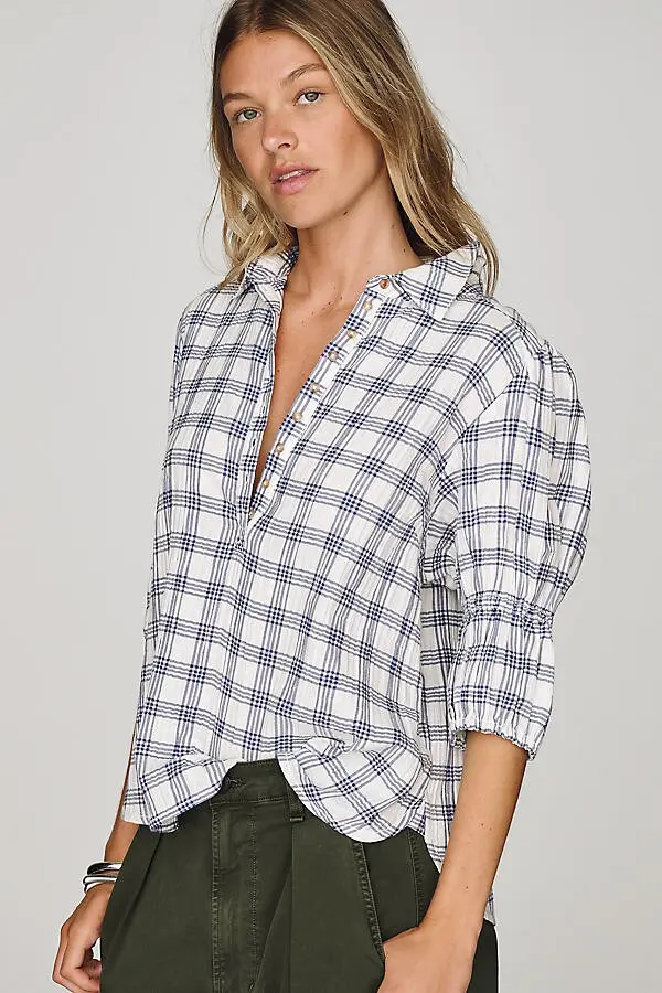 PILCRO Tallulah Puff Sleeve Buttondown Top - Blue Plaid