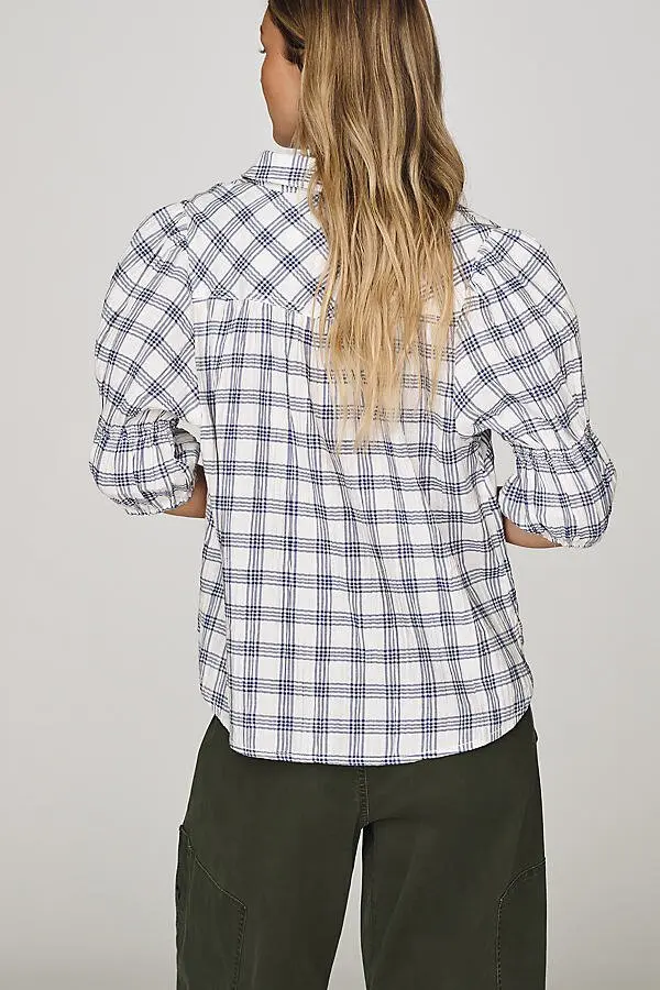 PILCRO Tallulah Puff Sleeve Buttondown Top - Blue Plaid