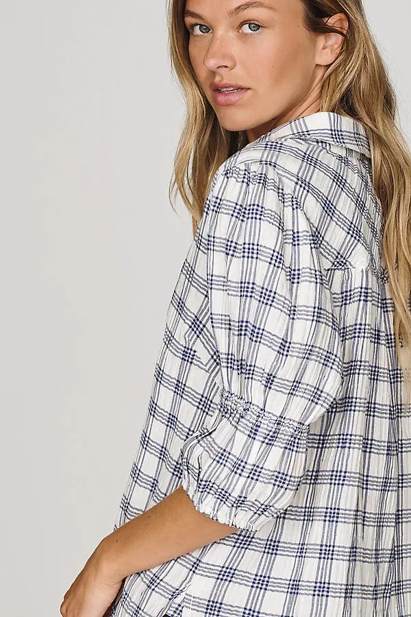 PILCRO Tallulah Puff Sleeve Buttondown Top - Blue Plaid