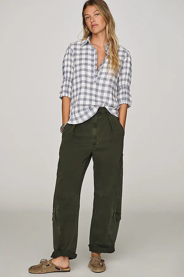 PILCRO Tallulah Puff Sleeve Buttondown Top - Blue Plaid