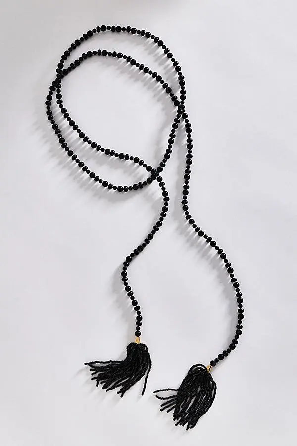 Anthropologie Beaded Tasseled Wrap Necklace - Black