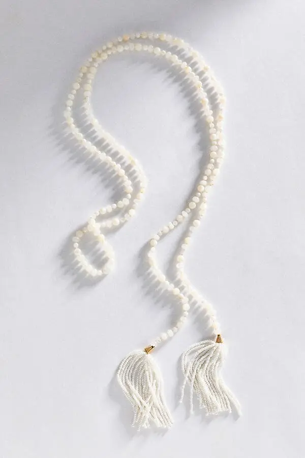 Anthropologie Beaded Tasseled Wrap Necklace - Cream