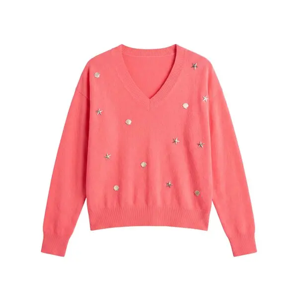 BRODIE CASHMERE Sea Embroidery Cashmere V Neck Jumper
