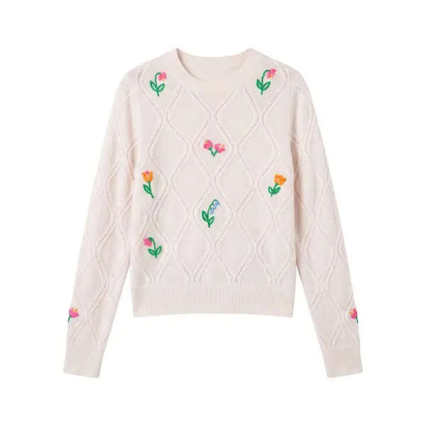 BRODIE CASHMERE Lightweight Floral Stitch Cashmere Crew