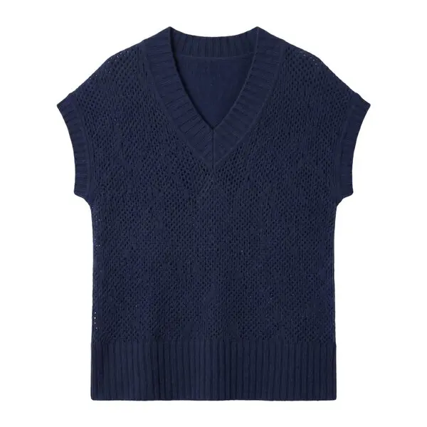 BRODIE CASHMERE Pointelle Knit V-neck Vest - Blue