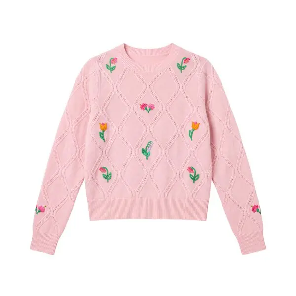 BRODIE CASHMERE Lightweight Floral Stitch Cashmere Crew