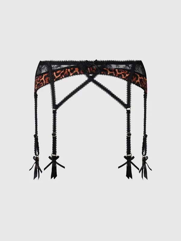 Frederick's Of Hollywood Raven Leopard And Lace Garter Belt