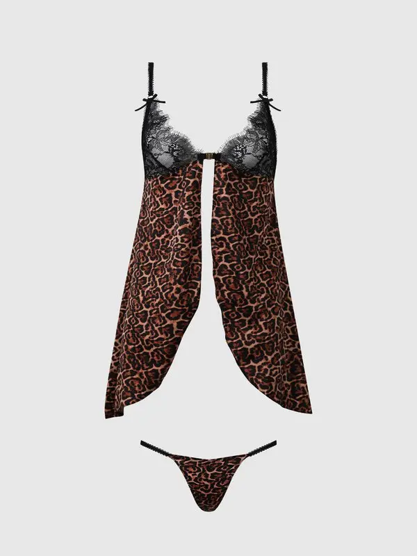 Frederick's Of Hollywood Leopard And Lace Babydoll Set - Leopard/black
