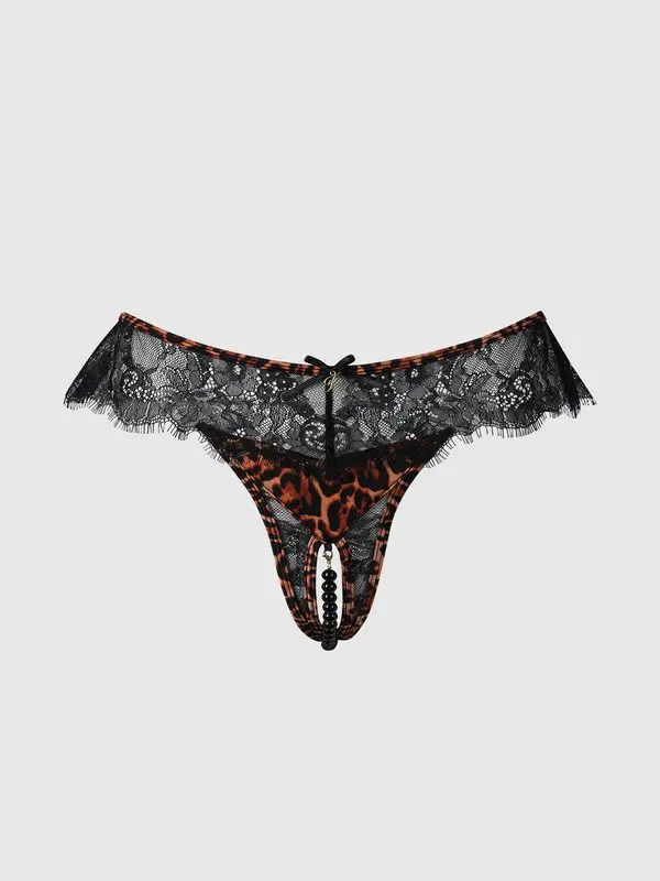 Frederick's Of Hollywood Raven Leopard And Lace Crotchless Pearl Thong - Leopard/black