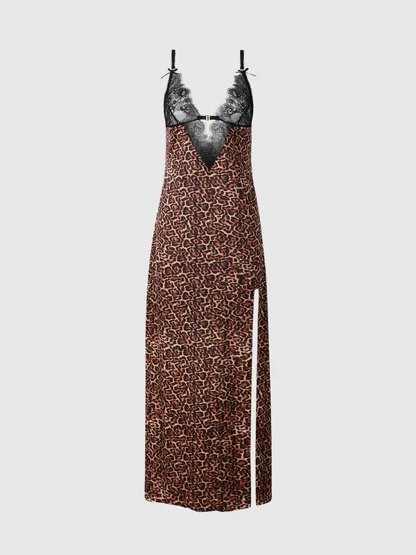 Frederick's Of Hollywood Raven Leopard And Lace Gown With Side Slip - Leopard/black
