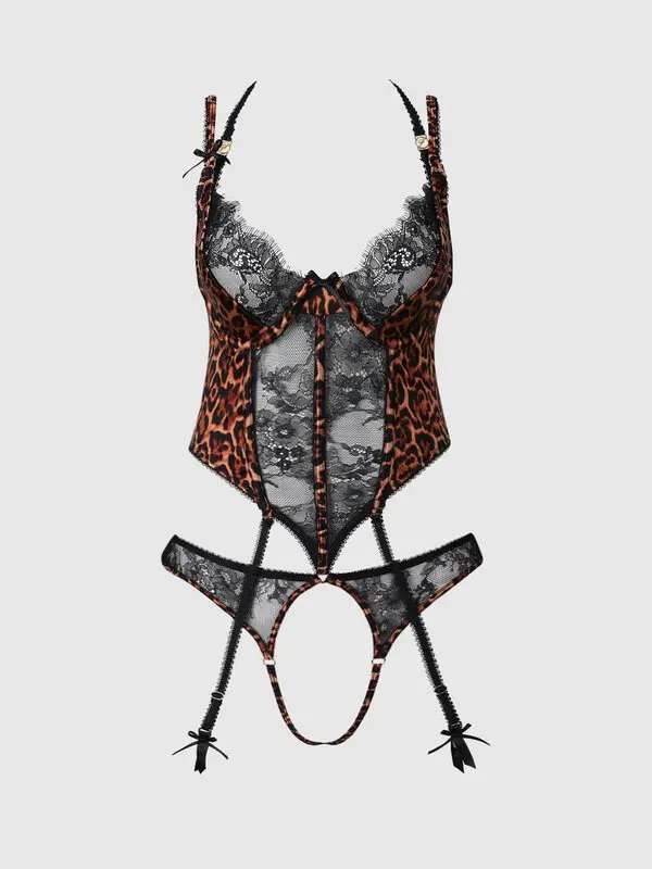 Frederick's Of Hollywood Leopard And Lace Crotchless Teddy