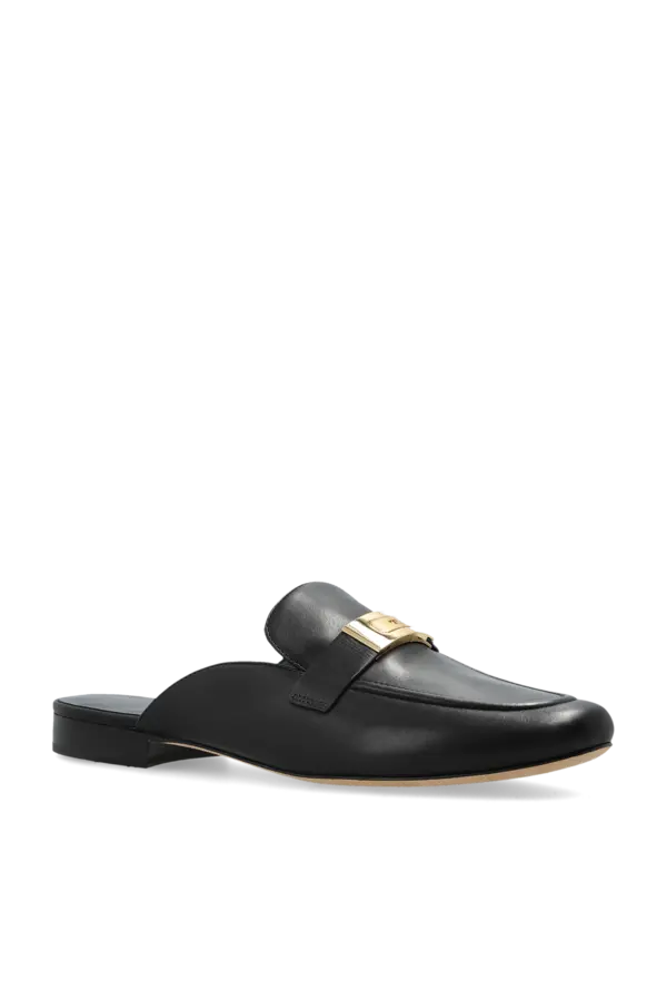 Tory Burch Gold Buckle Leather Slides - Black