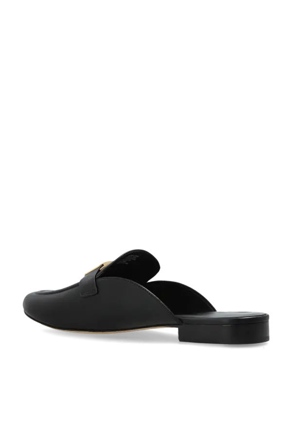 Tory Burch Gold Buckle Leather Slides - Black