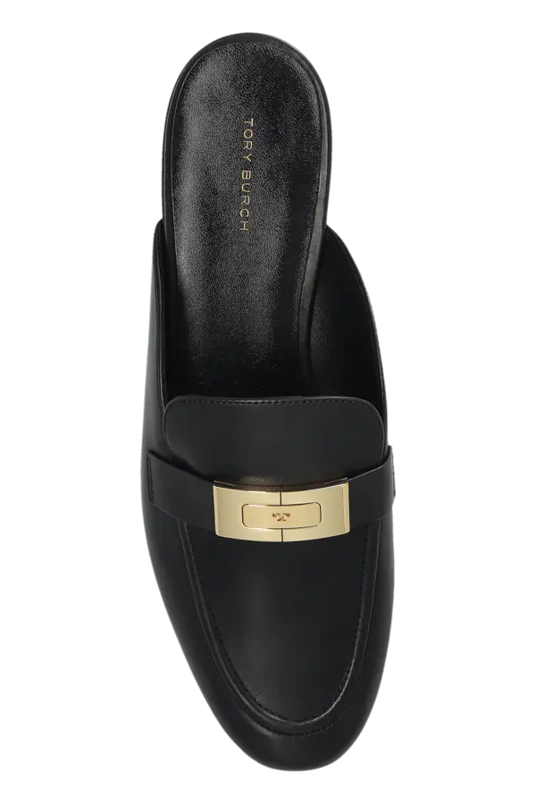 Tory Burch Gold Buckle Leather Slides - Black