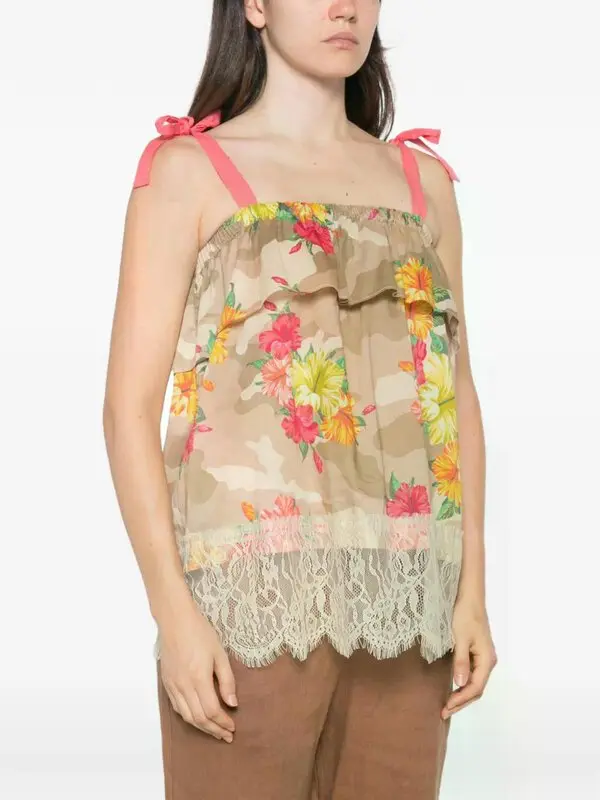 MY TWIN Square-neck Camouflage And Floral Print Top With Lace Trim