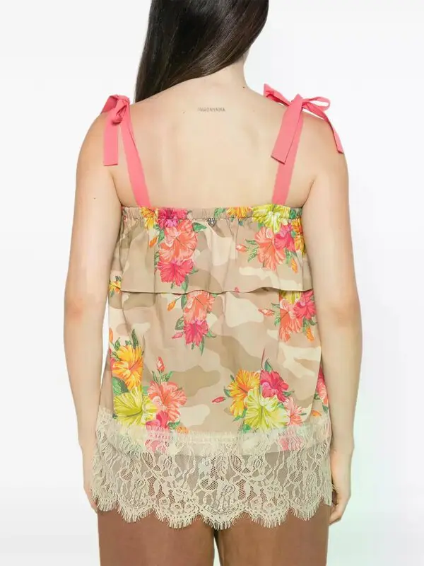 MY TWIN Square-neck Camouflage And Floral Print Top With Lace Trim