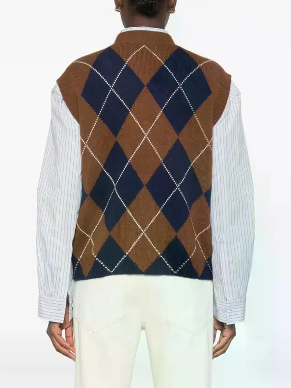 BEYOU Argyle Knit Button-up Gilet