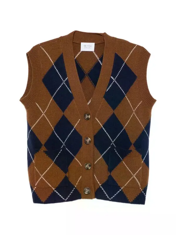 BEYOU Argyle Knit Button-up Gilet - Brown