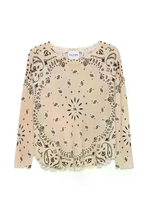 KUJTEN Bandana Print Distressed Edge Sweater - Neutrals