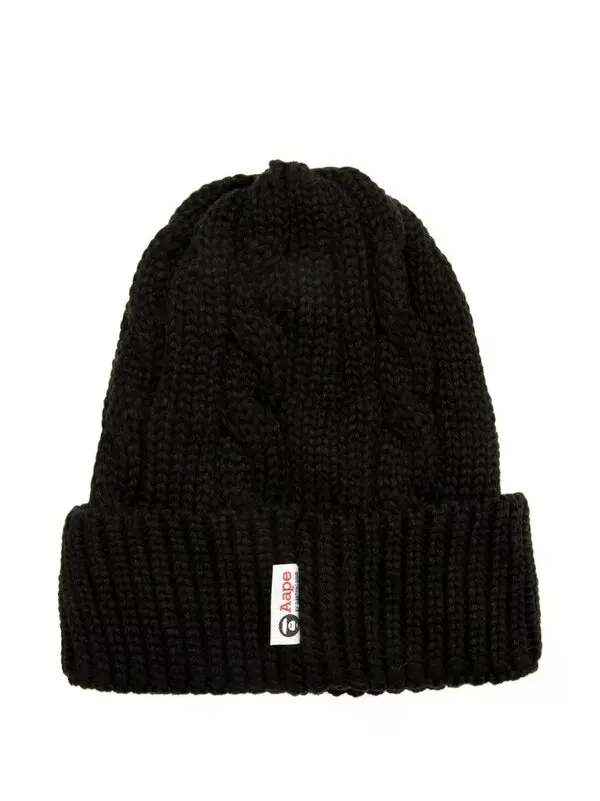 AAPE BY *A BATHING APE Cable Knit Logo Patch Beanie Hat - Black