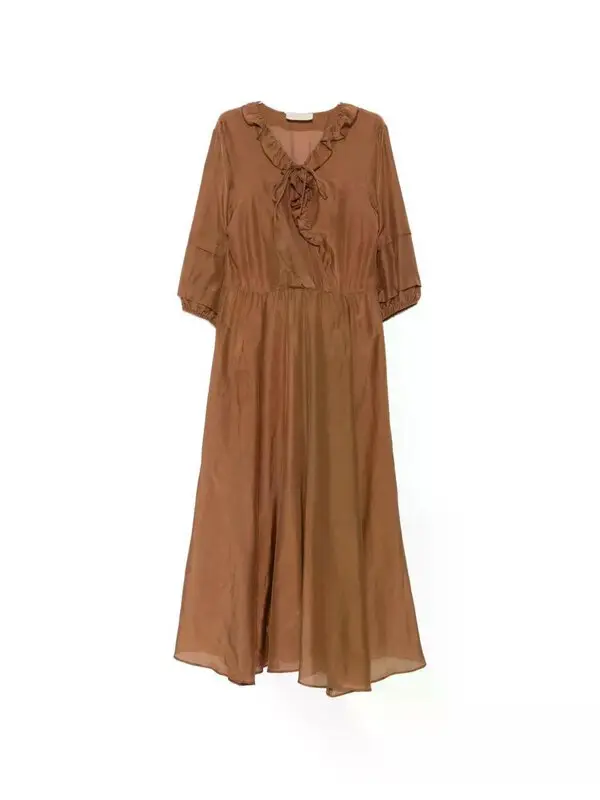 I BLUES Ruffle-trimmed V-neck Midi Dress - Brown