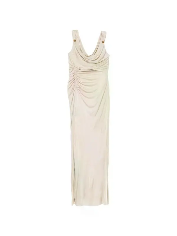 Versace Ruched Maxi Dress With Cowl Neck And Side Slit