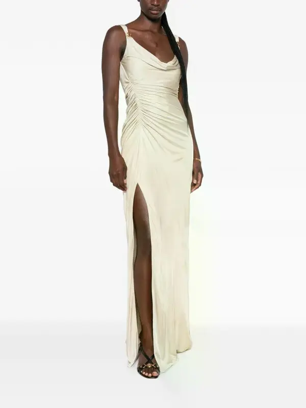 Versace Ruched Maxi Dress With Cowl Neck And Side Slit
