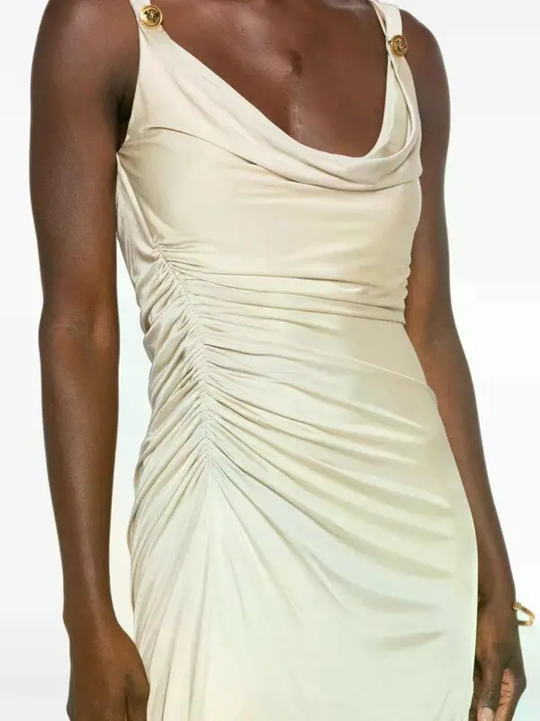 Versace Ruched Maxi Dress With Cowl Neck And Side Slit