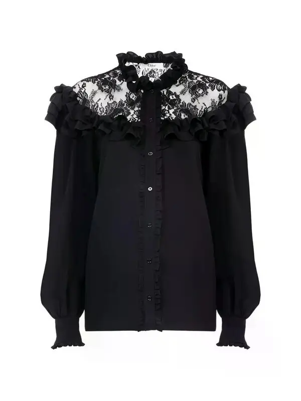 Chloé High-neck Ruffled Blouse In Crêpe De Chine And Lace