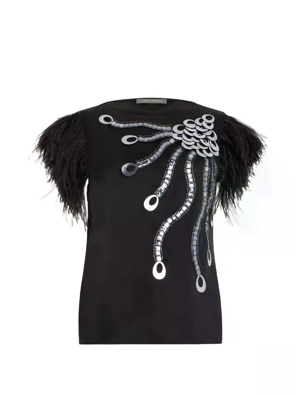 Alberta Ferretti Metallic-embellished Feather-trim T-shirt