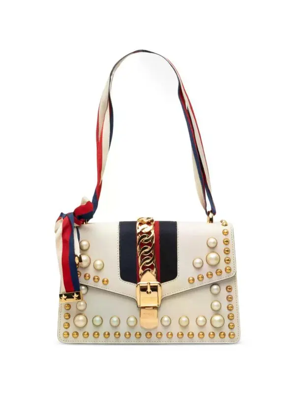 Gucci Calfskin Web Sylvie Satchel With Stud And Pearl Embellishments - White