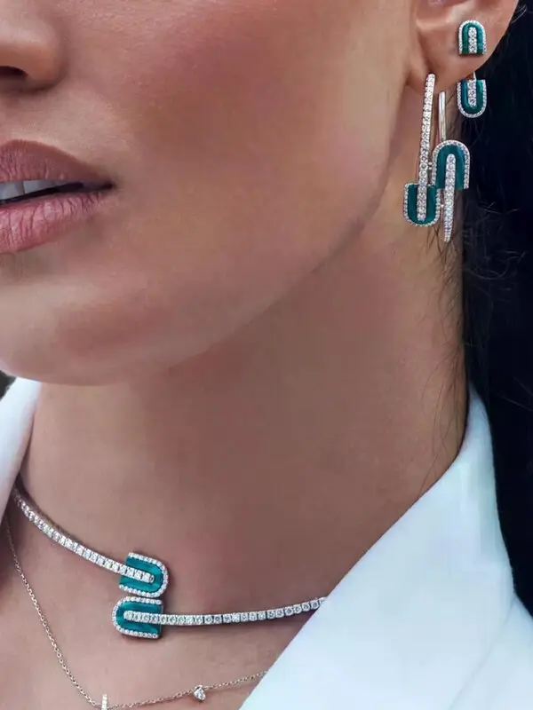 U LOS ANGELES U Diamond And Malachite Hoop Earrings