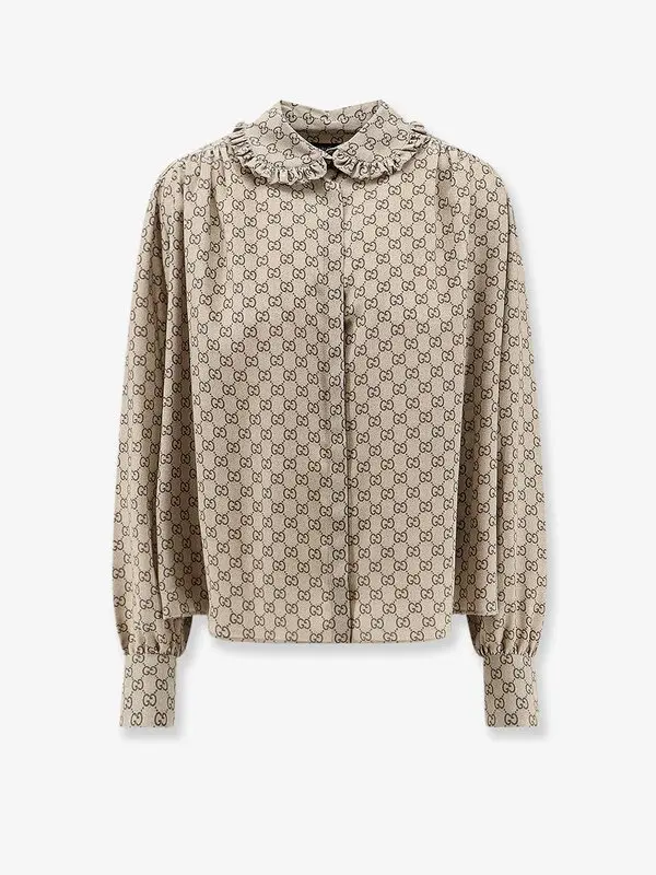 Gucci Silk Gg Print Ruffled Collar Shirt